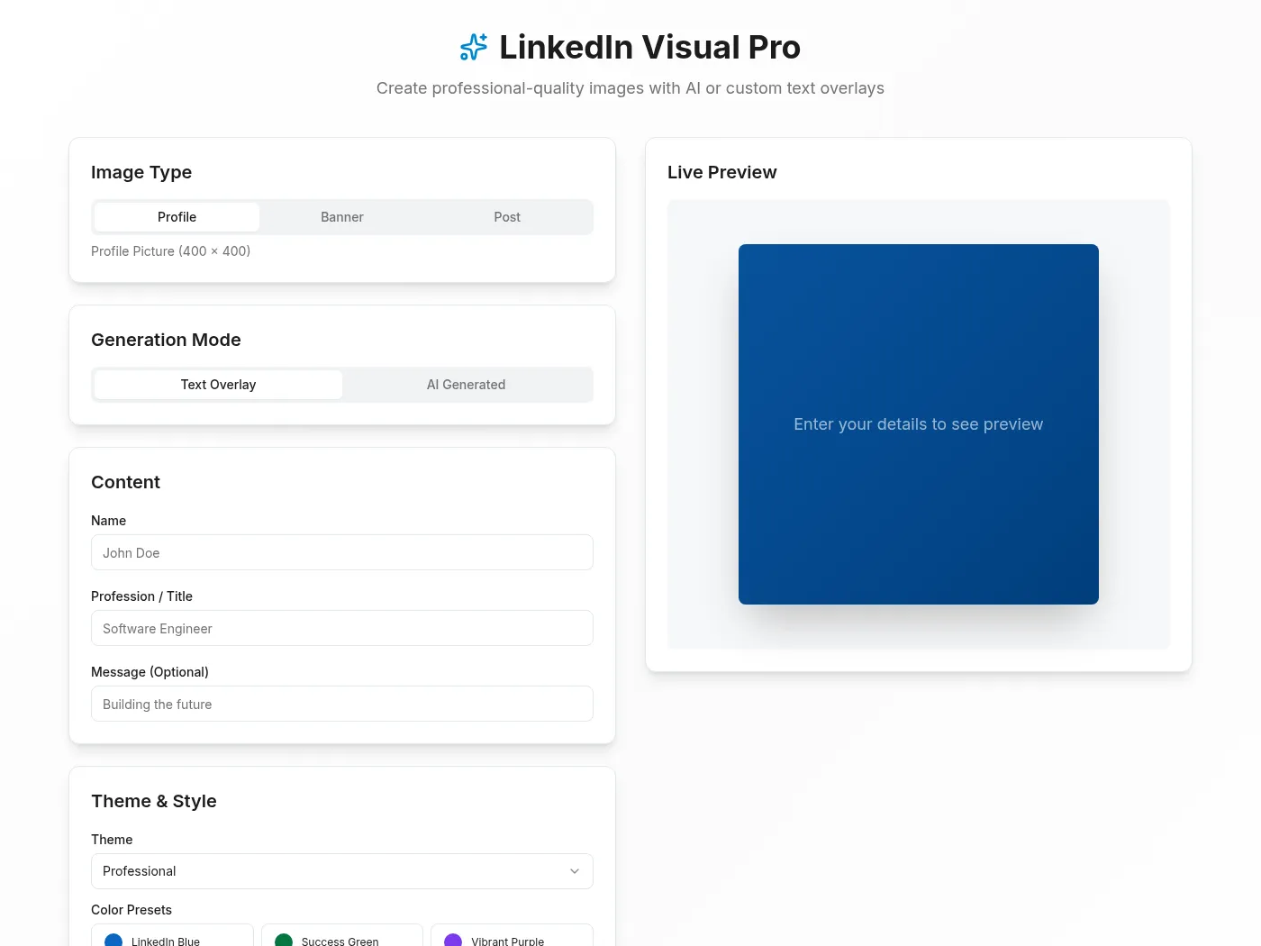 LinkedIn Visual Pro: Effortless Custom Image Generator for Professionals