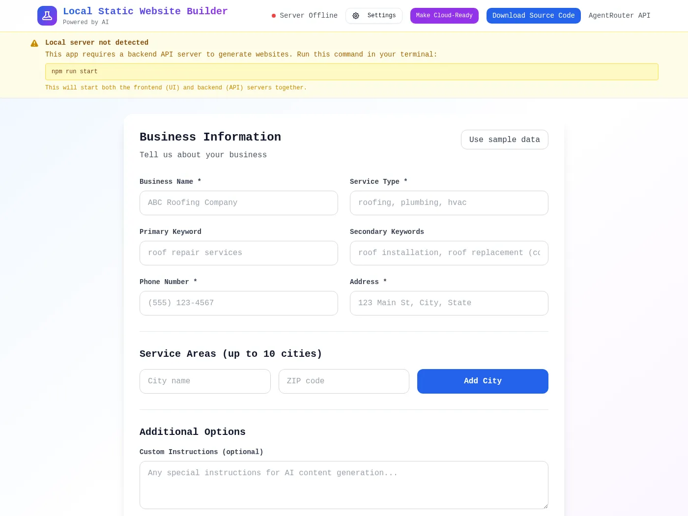 Local Static AI Website Builder for Service Businesses