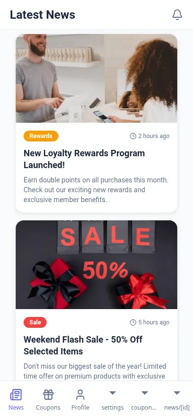 Loyalty Program Mobile App with News, Coupons, and User Profile