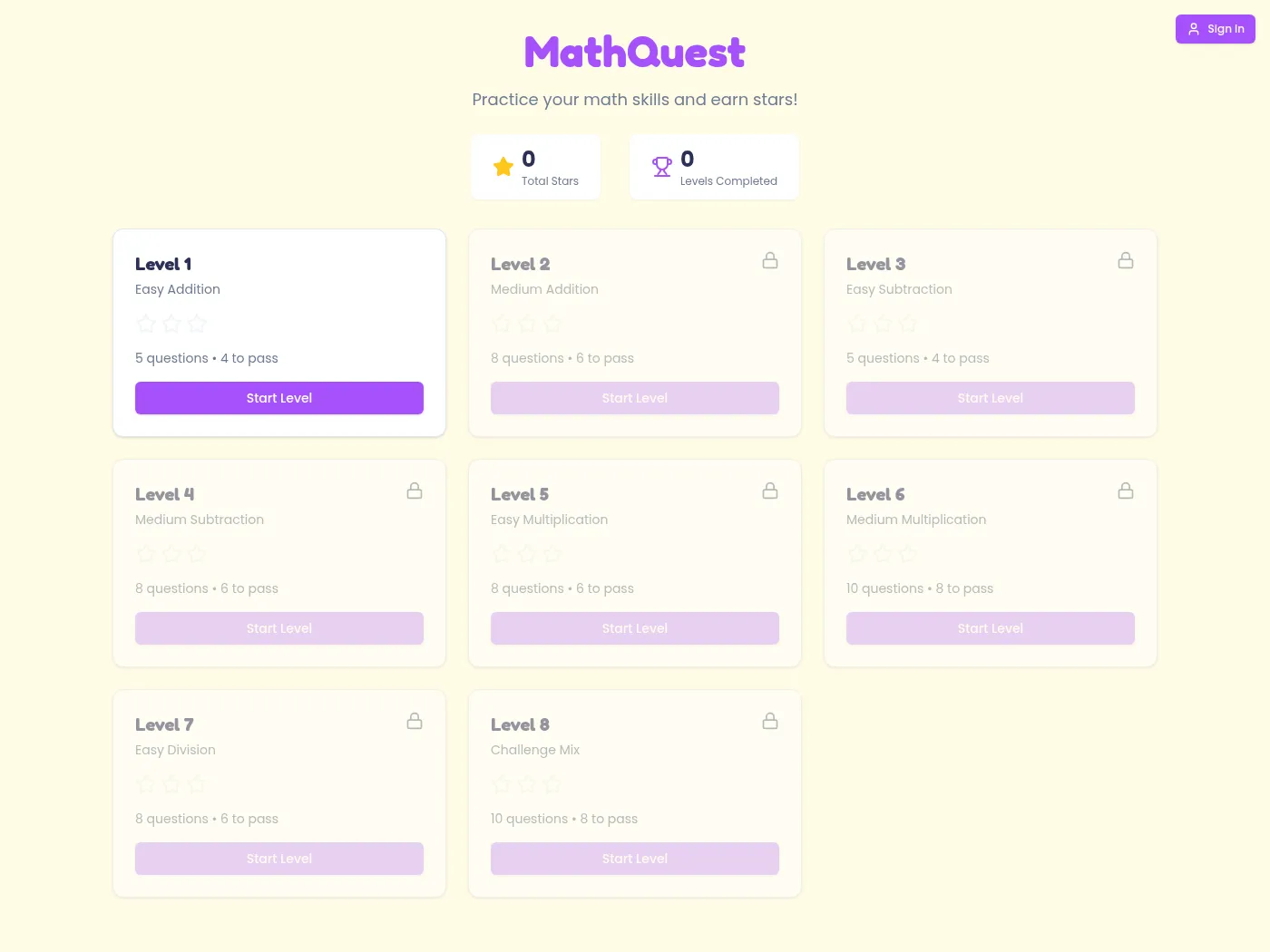 MathQuest: Interactive Web Game for Kids
