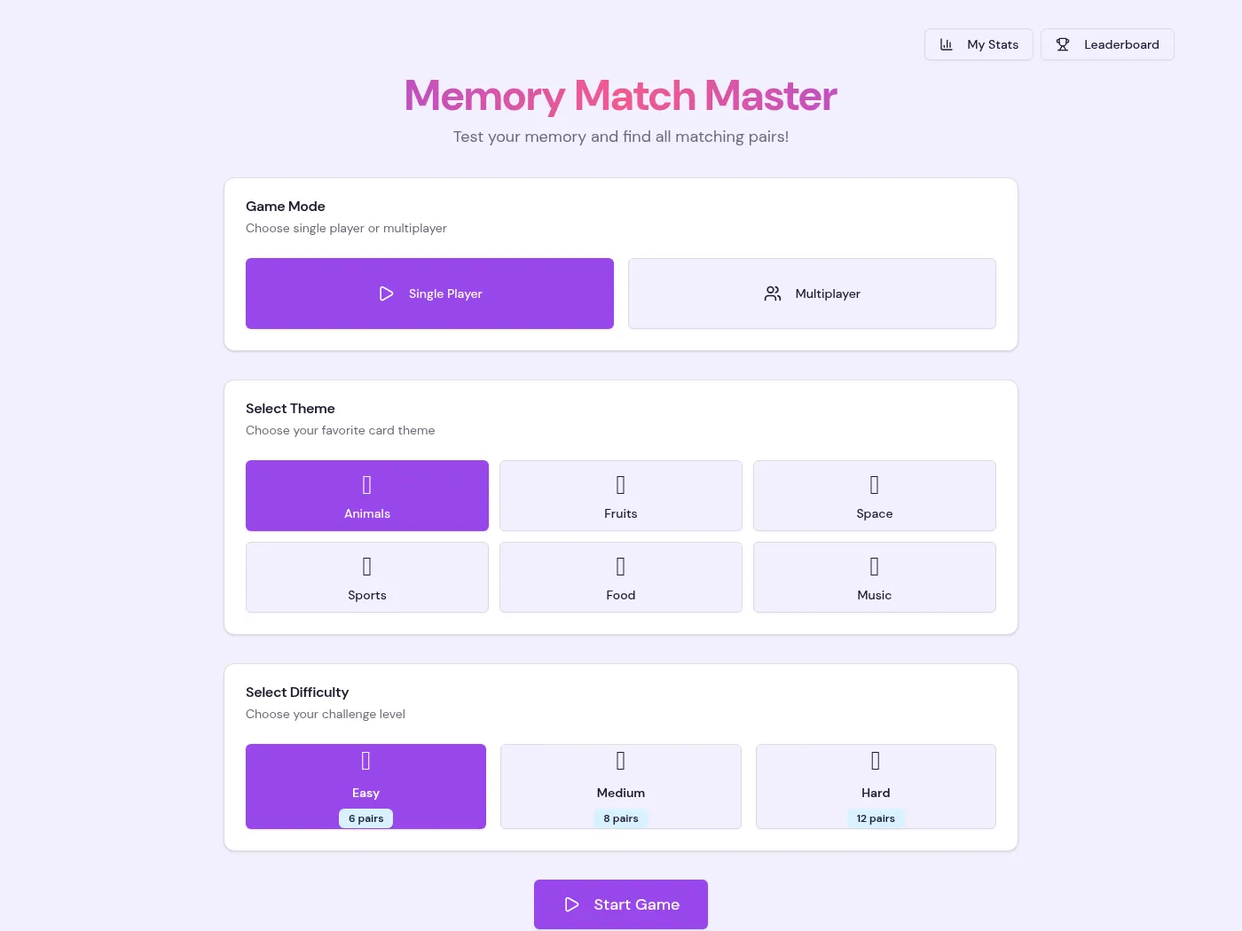 Memory Match Master - A Themed Card Matching Game