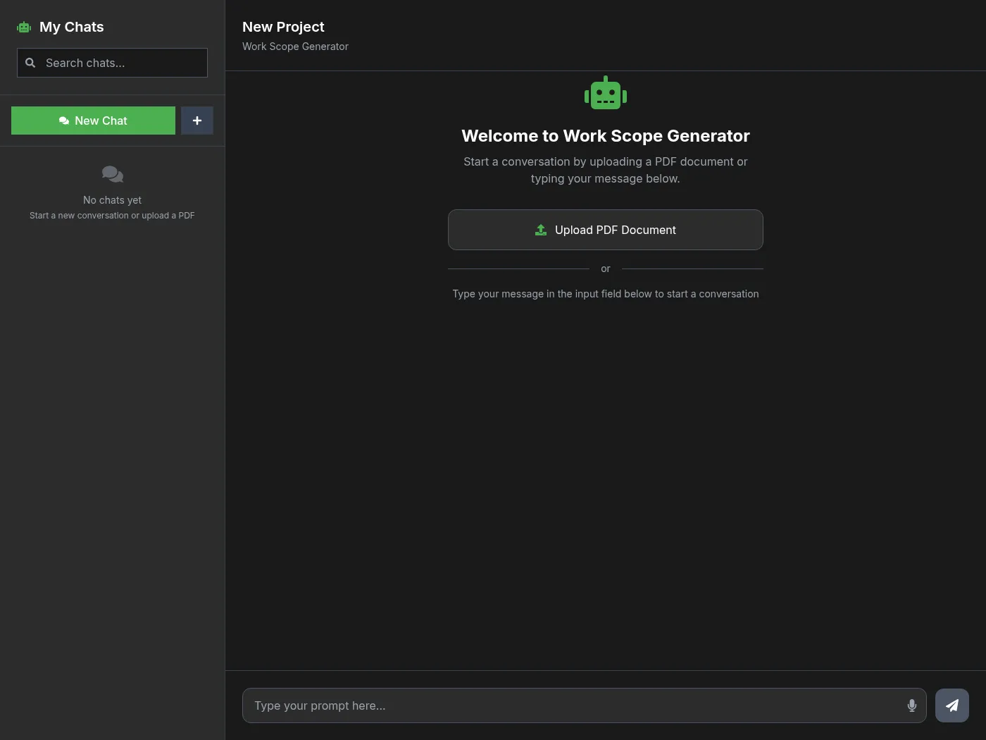 Modern Dark-Themed Chatbot UI with PDF and Text Workflows