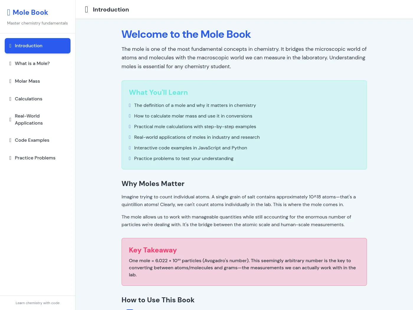Interactive Book on Understanding Moles in Chemistry with Coding Examples