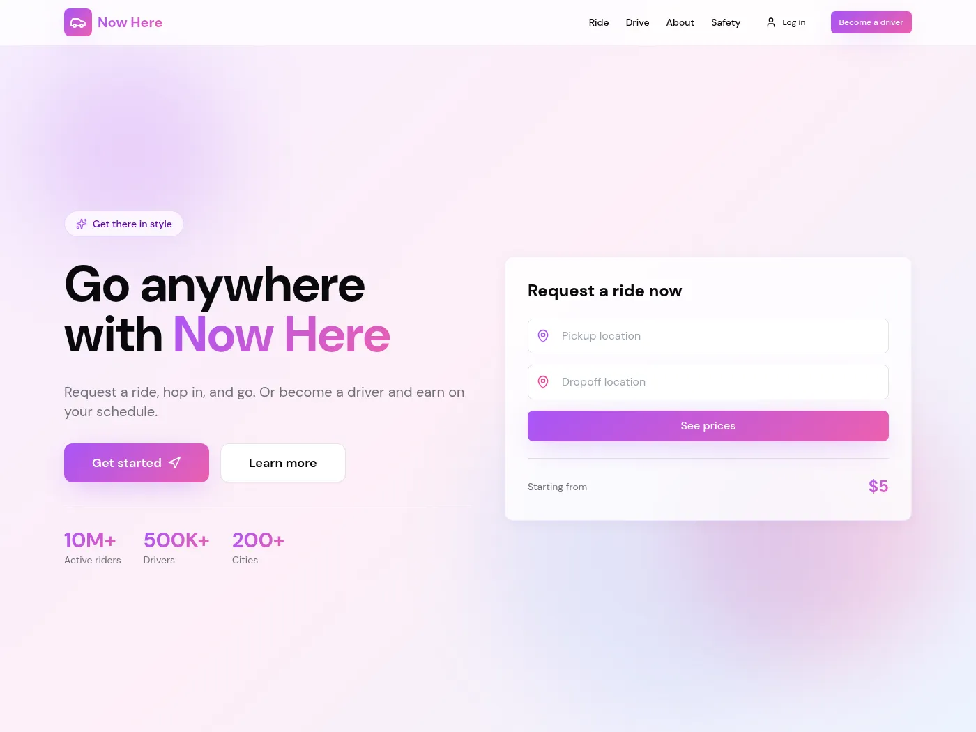 Now Here - Uber-Style E-Hailing Platform with Flozzy-Inspired Colors