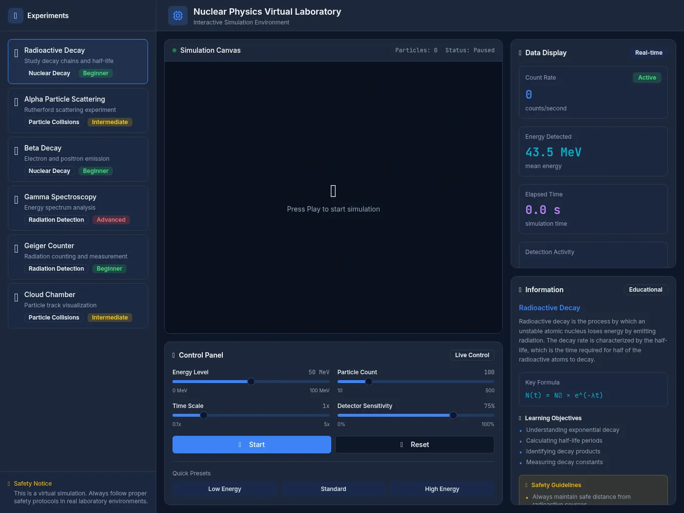 Virtual Nuclear Physics Lab Work Simulator UI Prototype