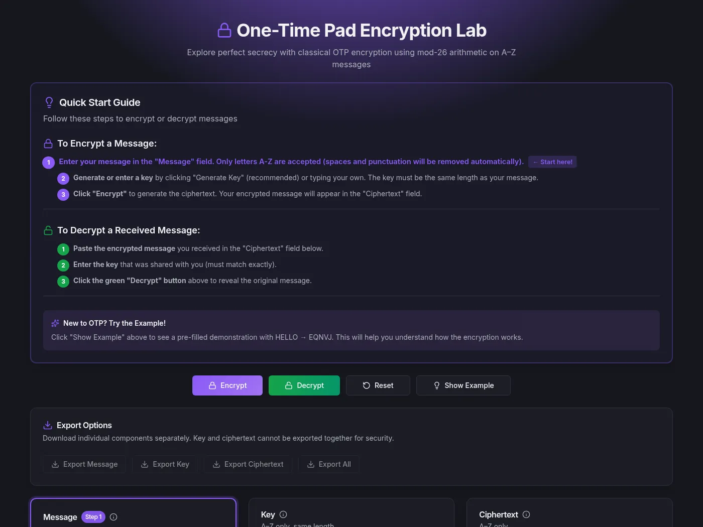 One-Time Pad (OTP) Encryption Lab – an Interactive Educational Web App