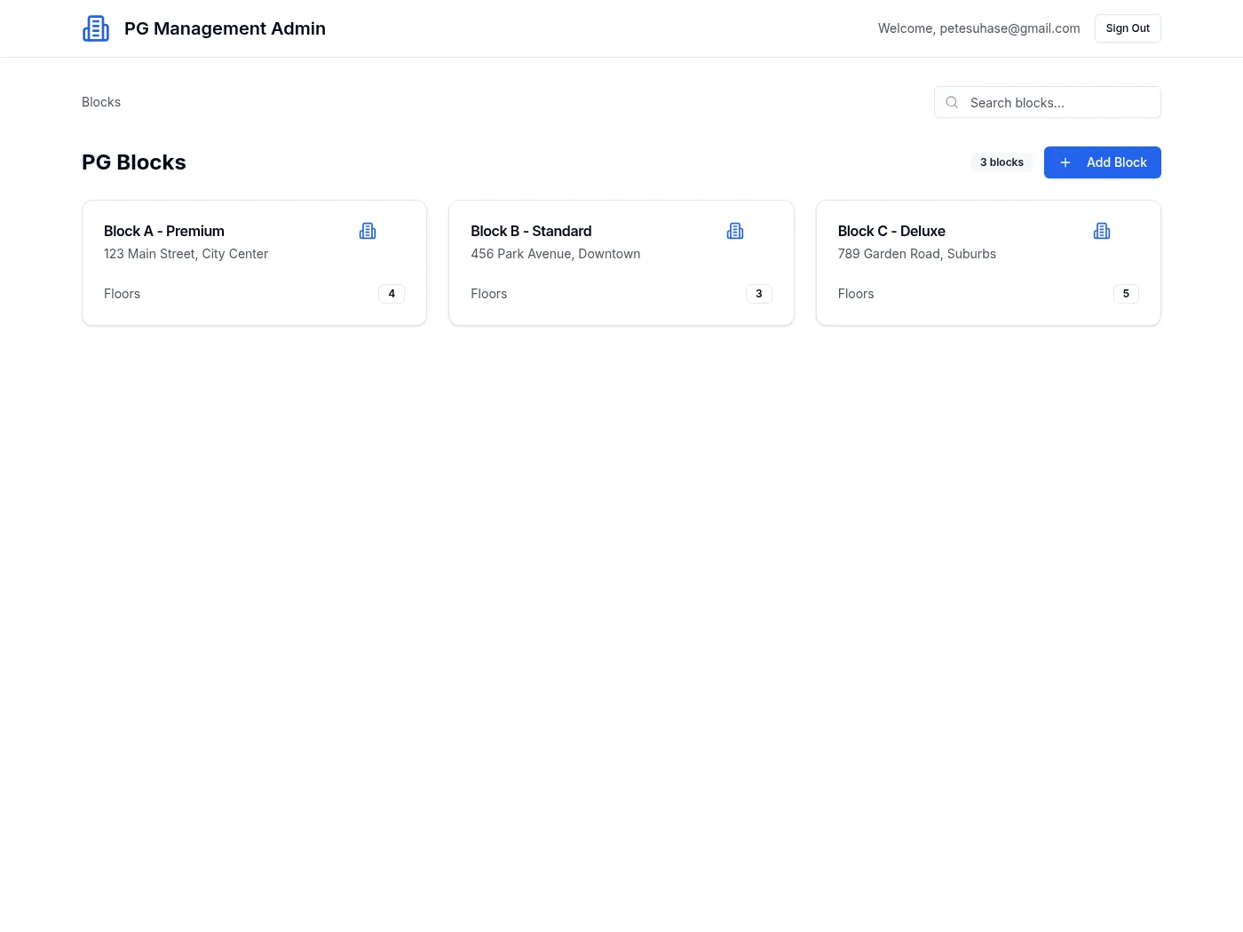 PG Block & Room Management Admin Panel
