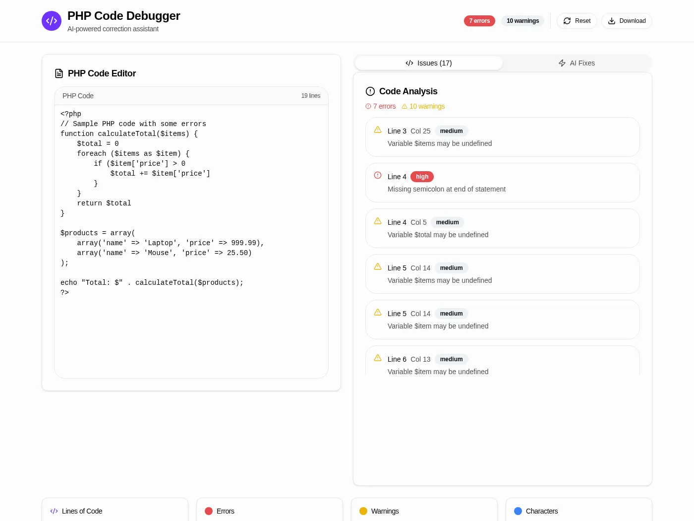 PHP Code Debugger & Correction Assistant