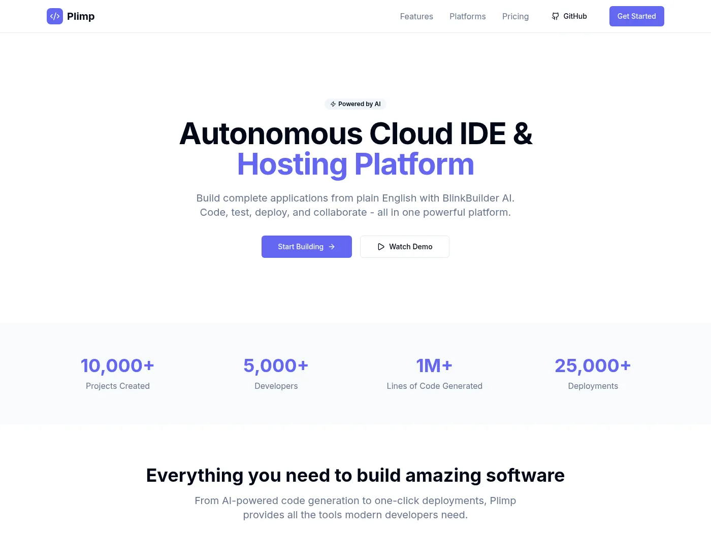 Plimp: Autonomous Cloud IDE & Hosting with BlinkBuilder AI