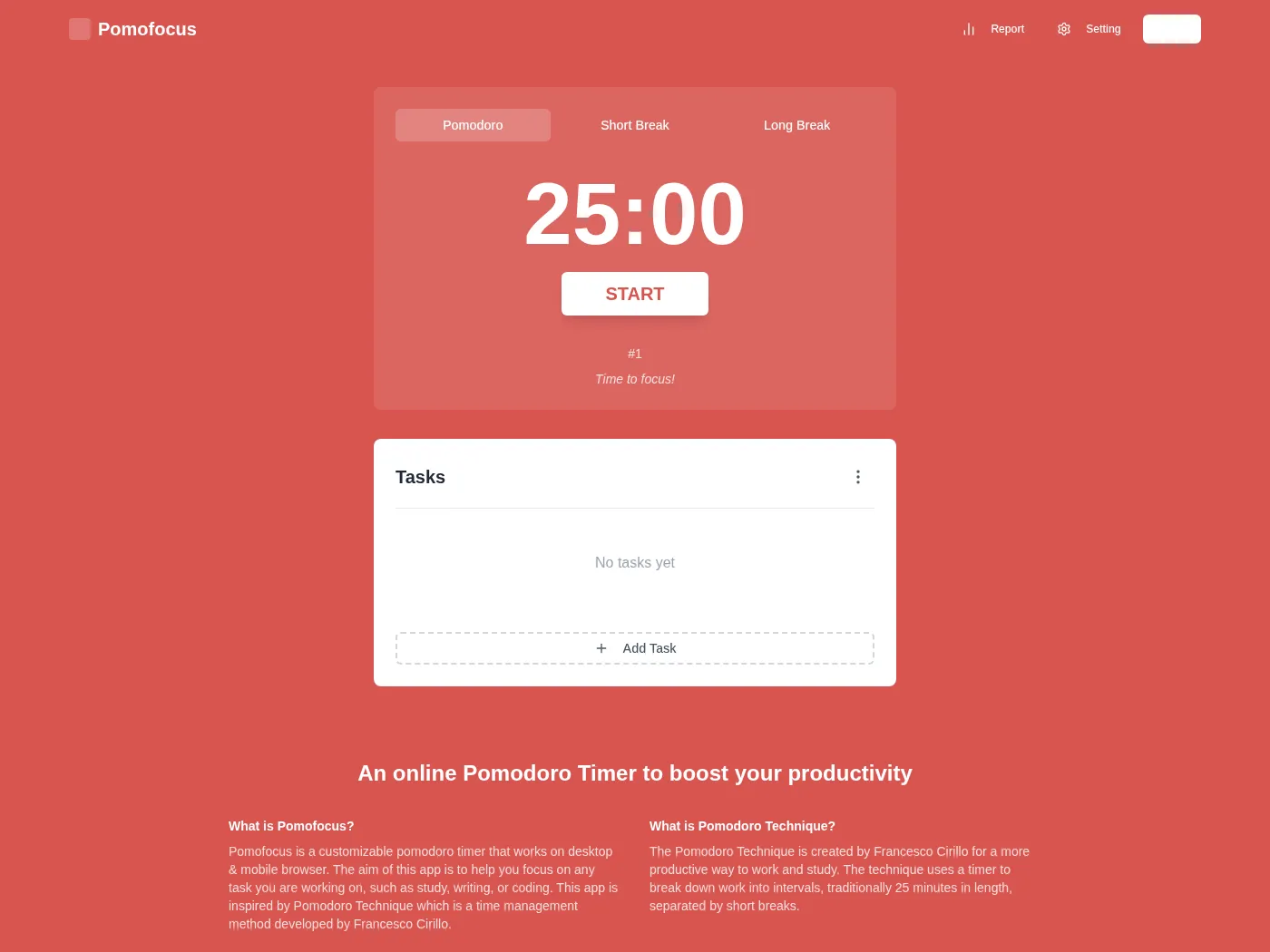 Pomofocus Clone - Minimalist Pomodoro Timer Web App