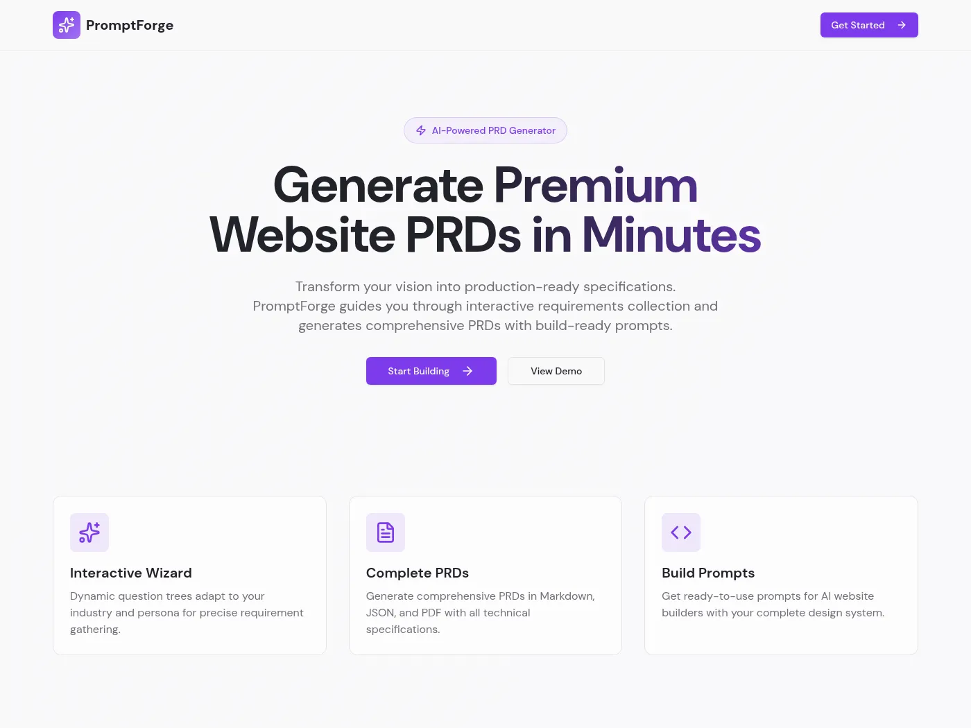 PromptForge – Interactive PRD & Build Prompt Generator for Premium Web Products