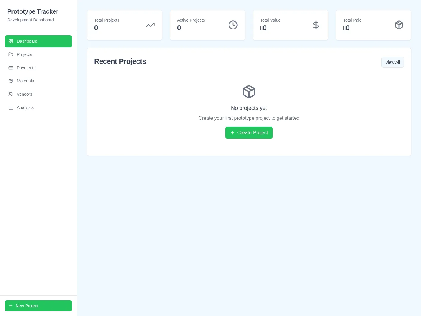 Prototype Development Tracker with Payment and Material Management