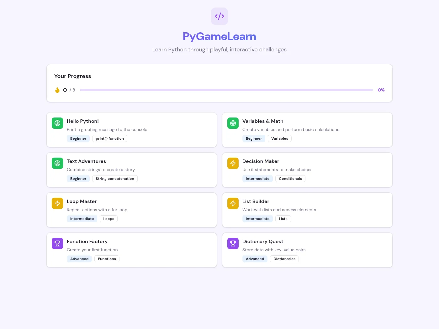PyGameLearn: Minimal Visual Python Learning App