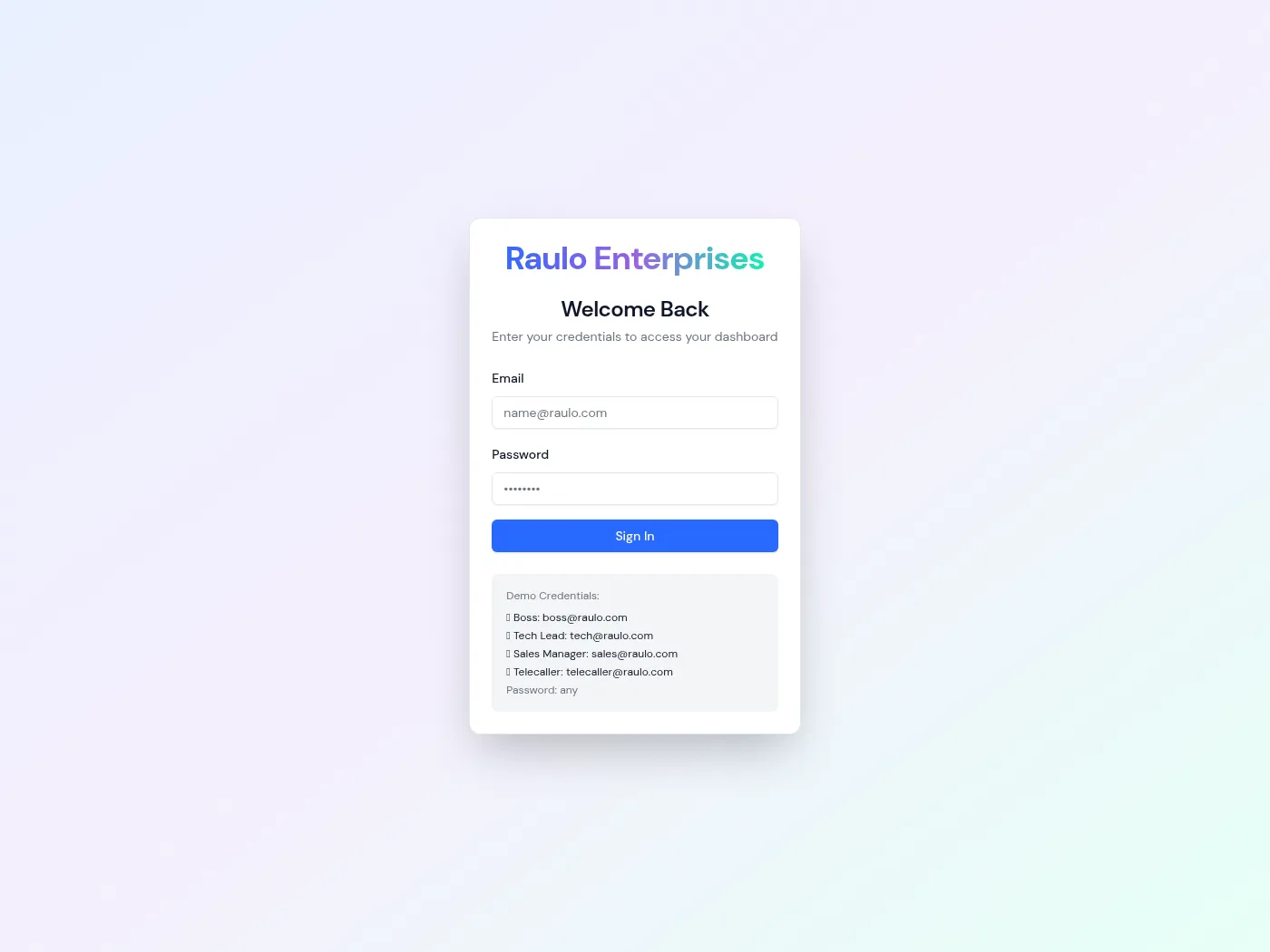 Raulo Enterprises Interactive Multi-Panel Dashboard