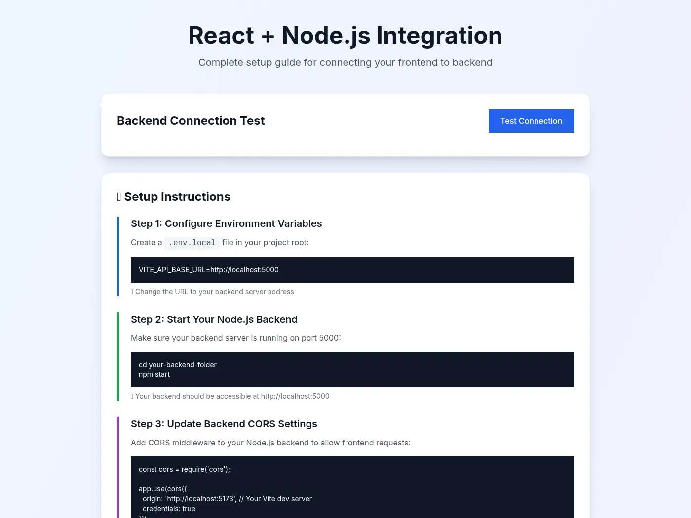 Full-Stack React + Node.js Integration Starter