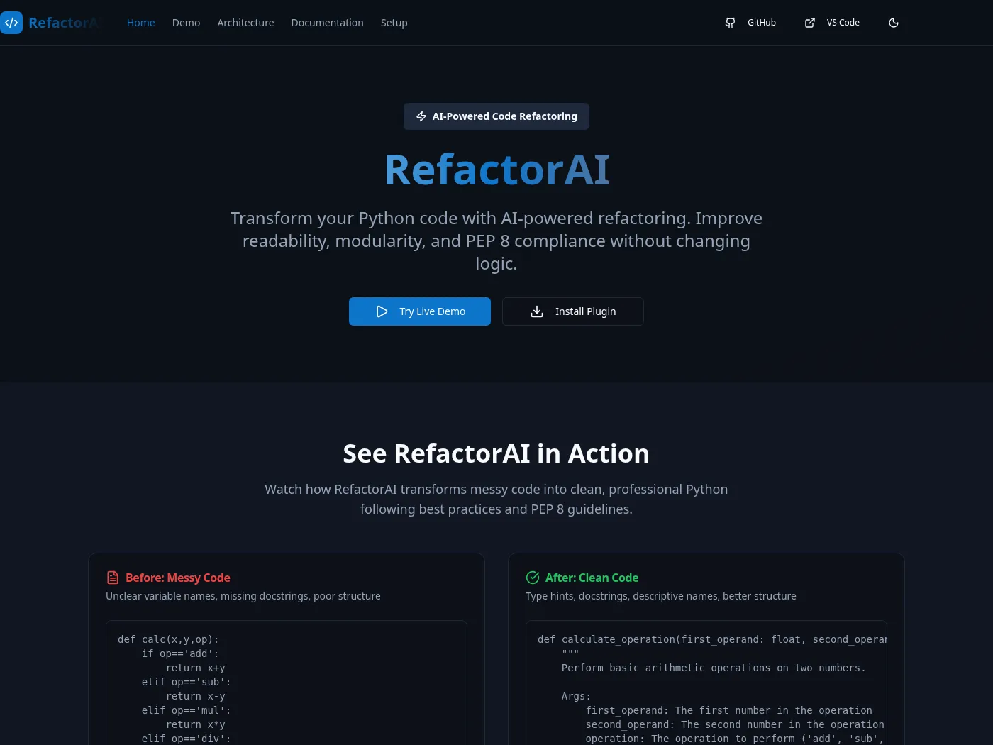 RefactorAI: AI-Powered Python Refactoring Plugin for VS Code & PyCharm