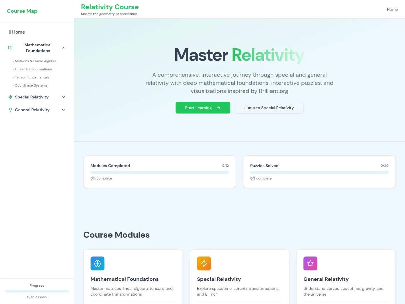 Interactive Special & General Relativity Full Course with Puzzles & Mathematical Foundations