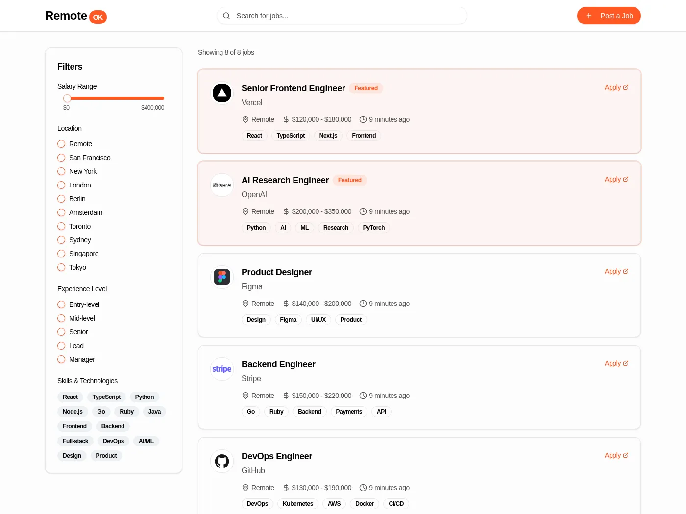 RemoteOK Clone - Curated Tech Job Board Web App