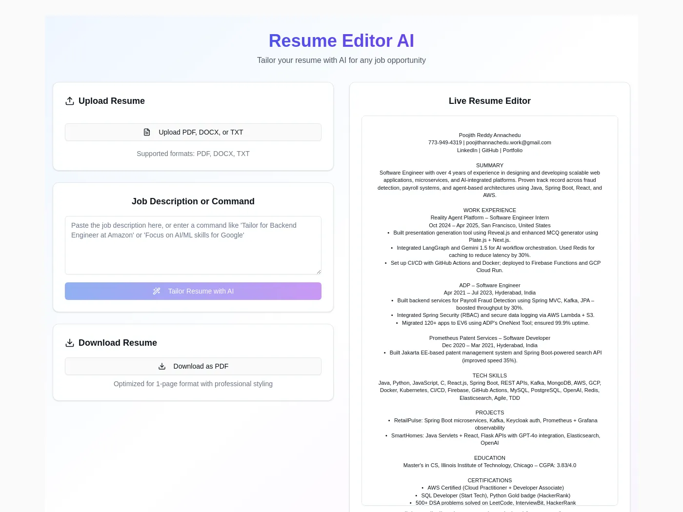 Resume Editor AI: Intelligent Resume Tailoring Web App