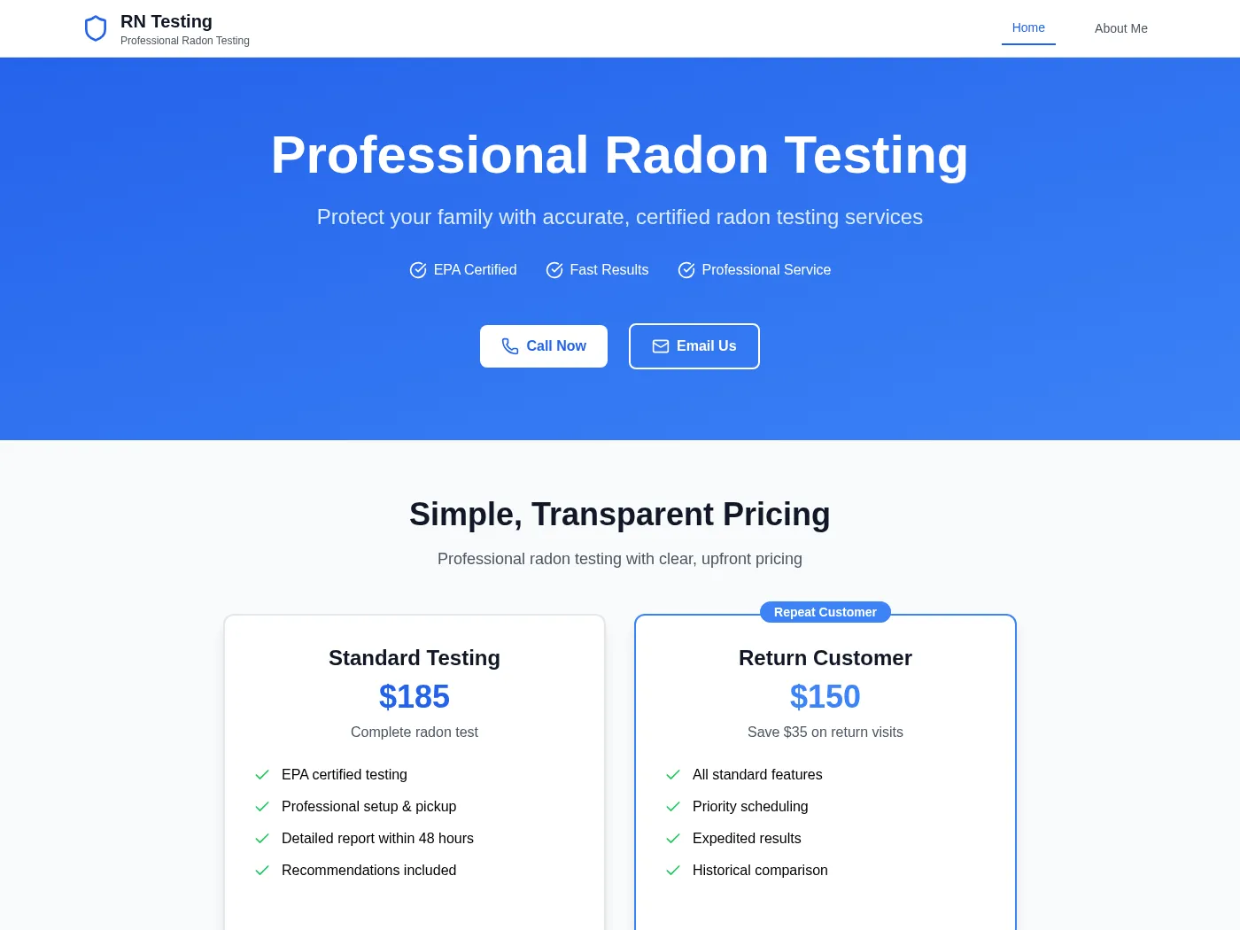 RN Testing Company Website with Editable About & Radon Test Scheduling