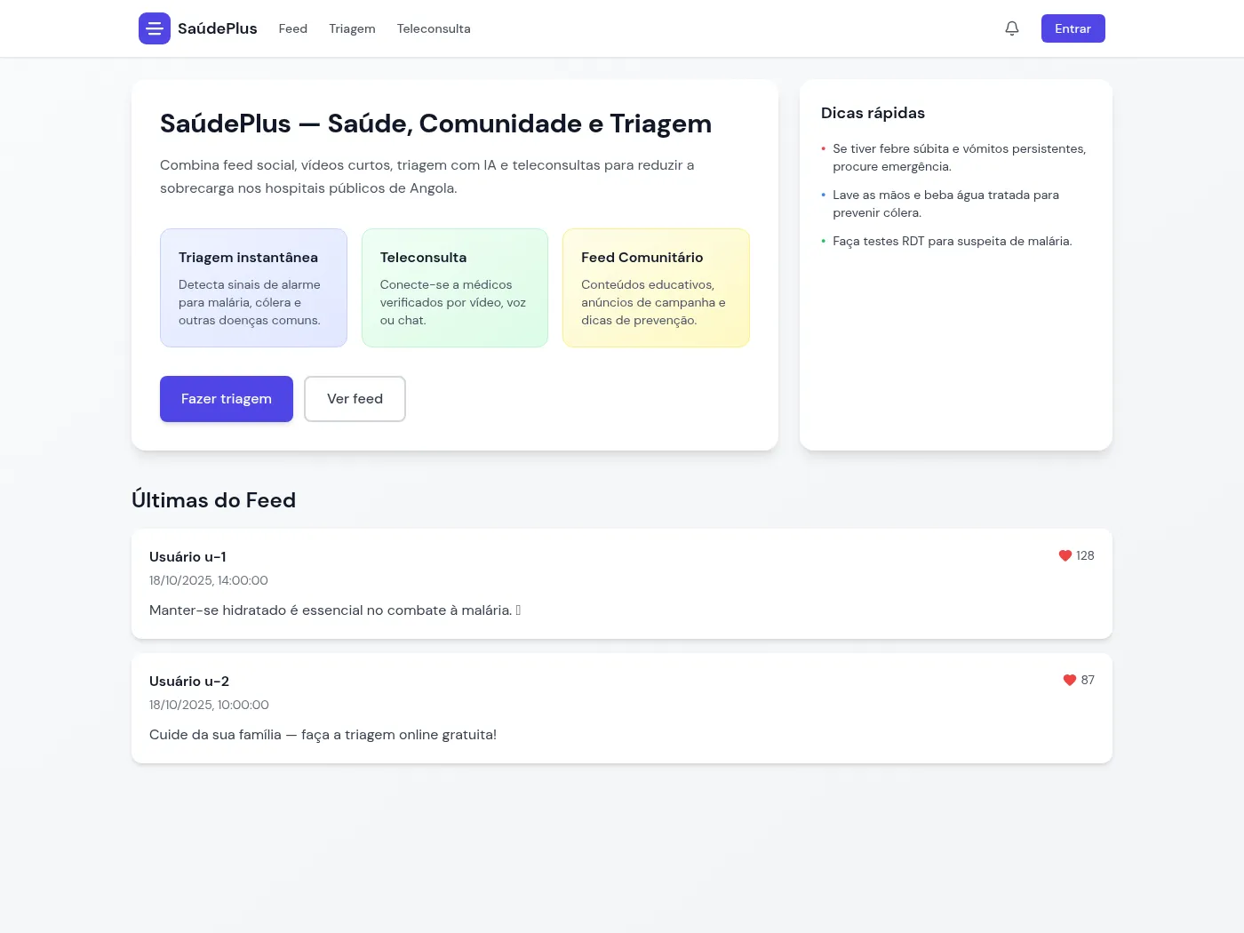 SaúdePlus — Plataforma web de triagem, consulta e comunidade de saúde para Angola