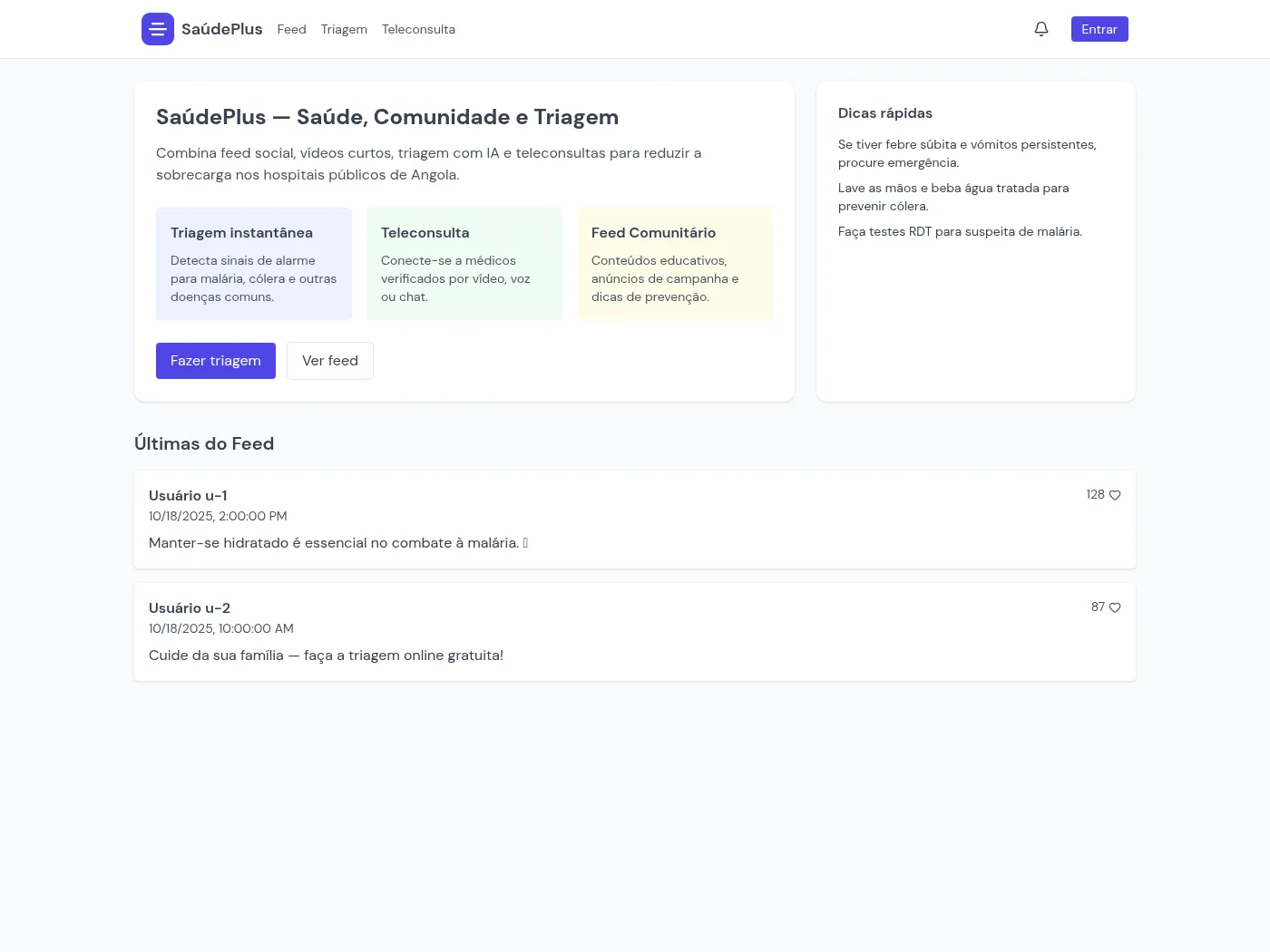 SaúdePlus — Plataforma Web Integrada de Saúde e Triagem para Angola