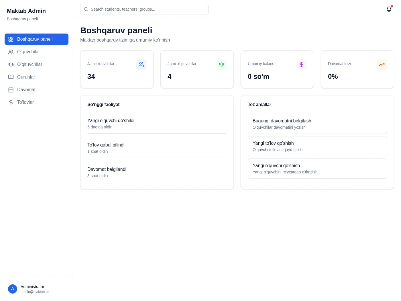 School Admin Panel for Teacher & Student Management