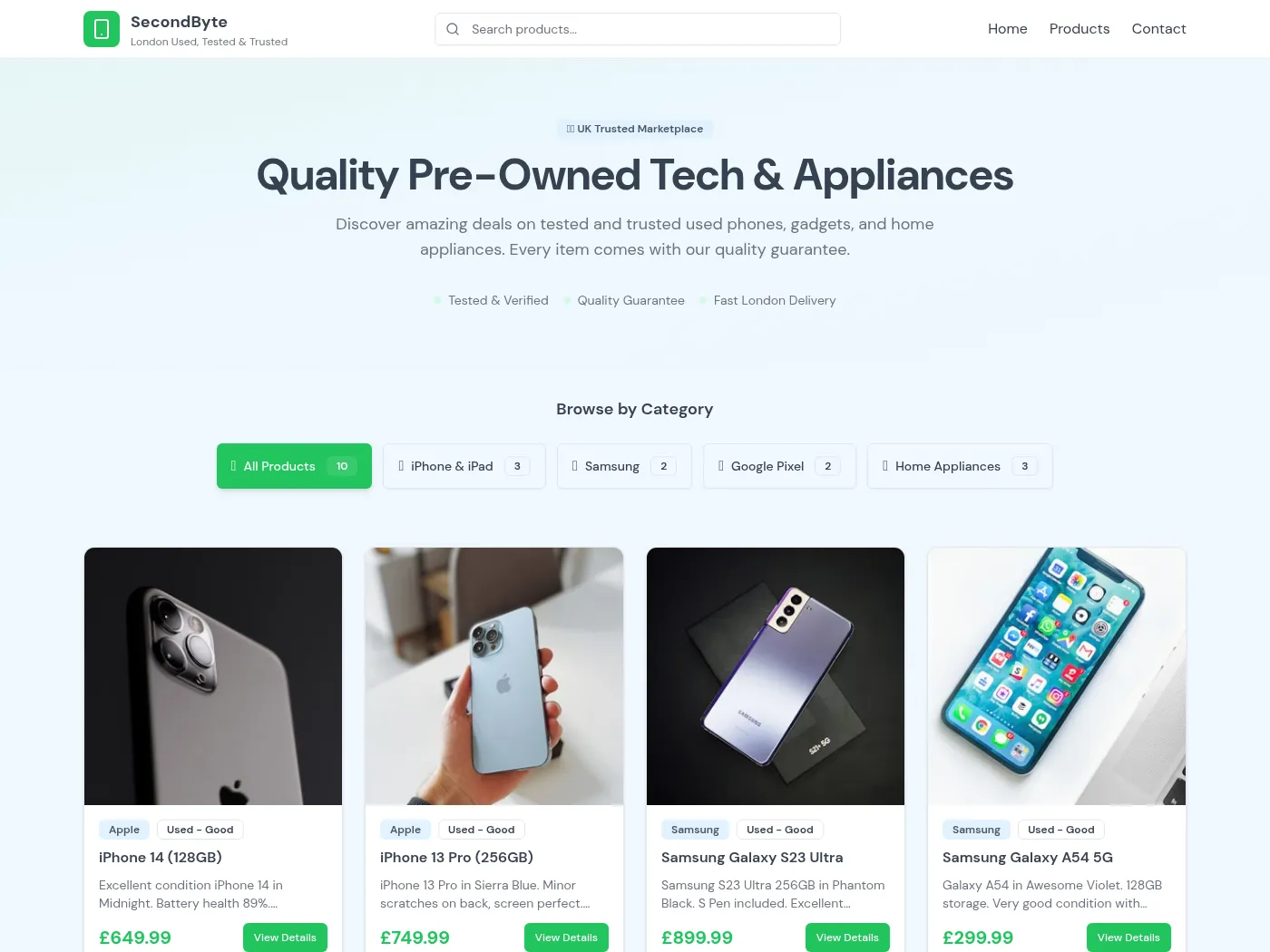 SecondByte Storefront: UK-Used Tech & Appliances eCommerce Web App