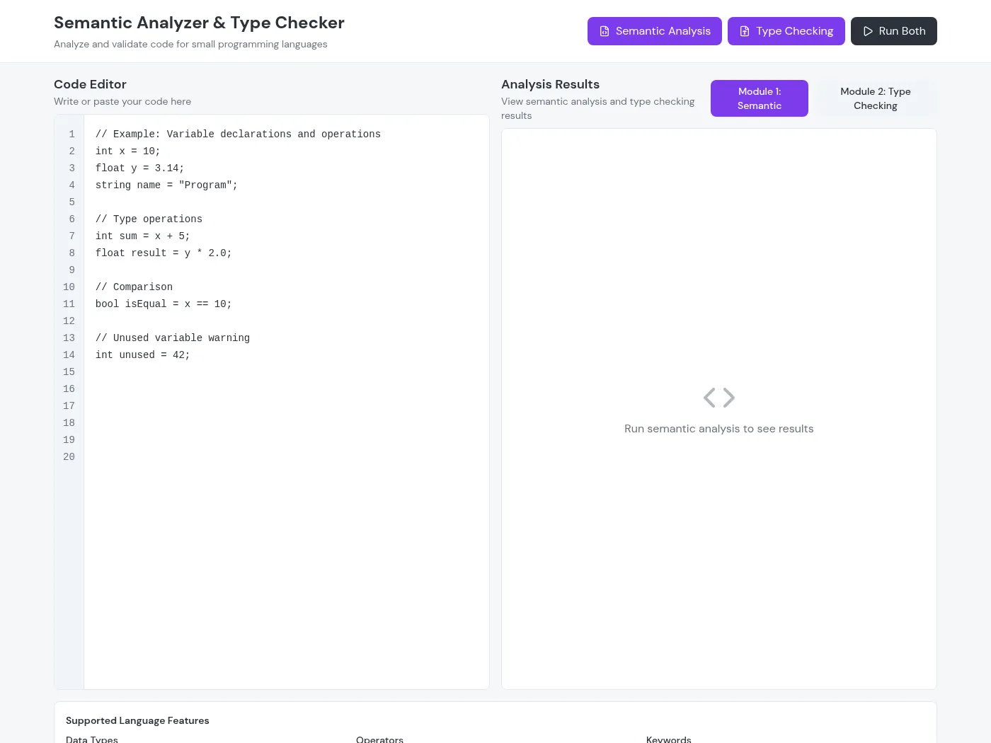 Semantic Analyzer and Type Checker Interface for Small Languages