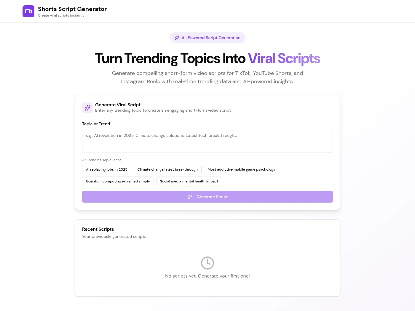 Shorts Script Generator for Trending Real Topics