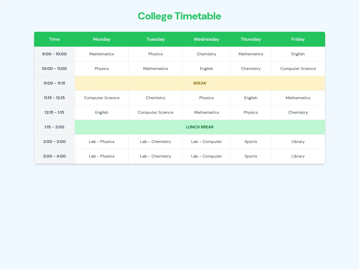 Simple College Timetable Website