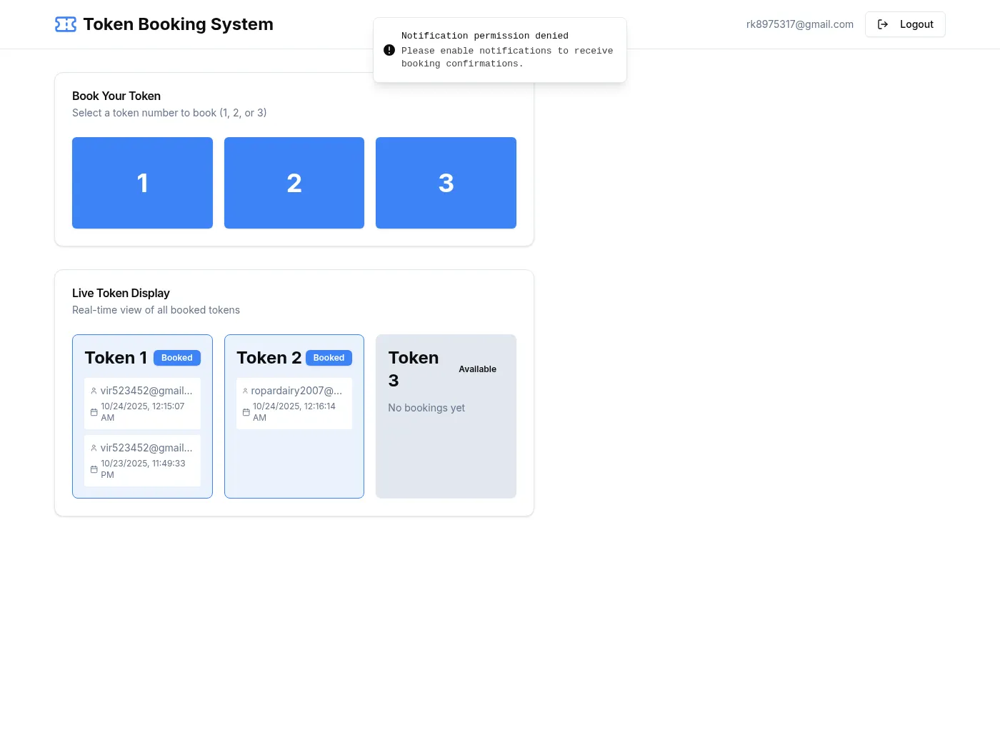 Simple Token Booking Web App with Live Notifications