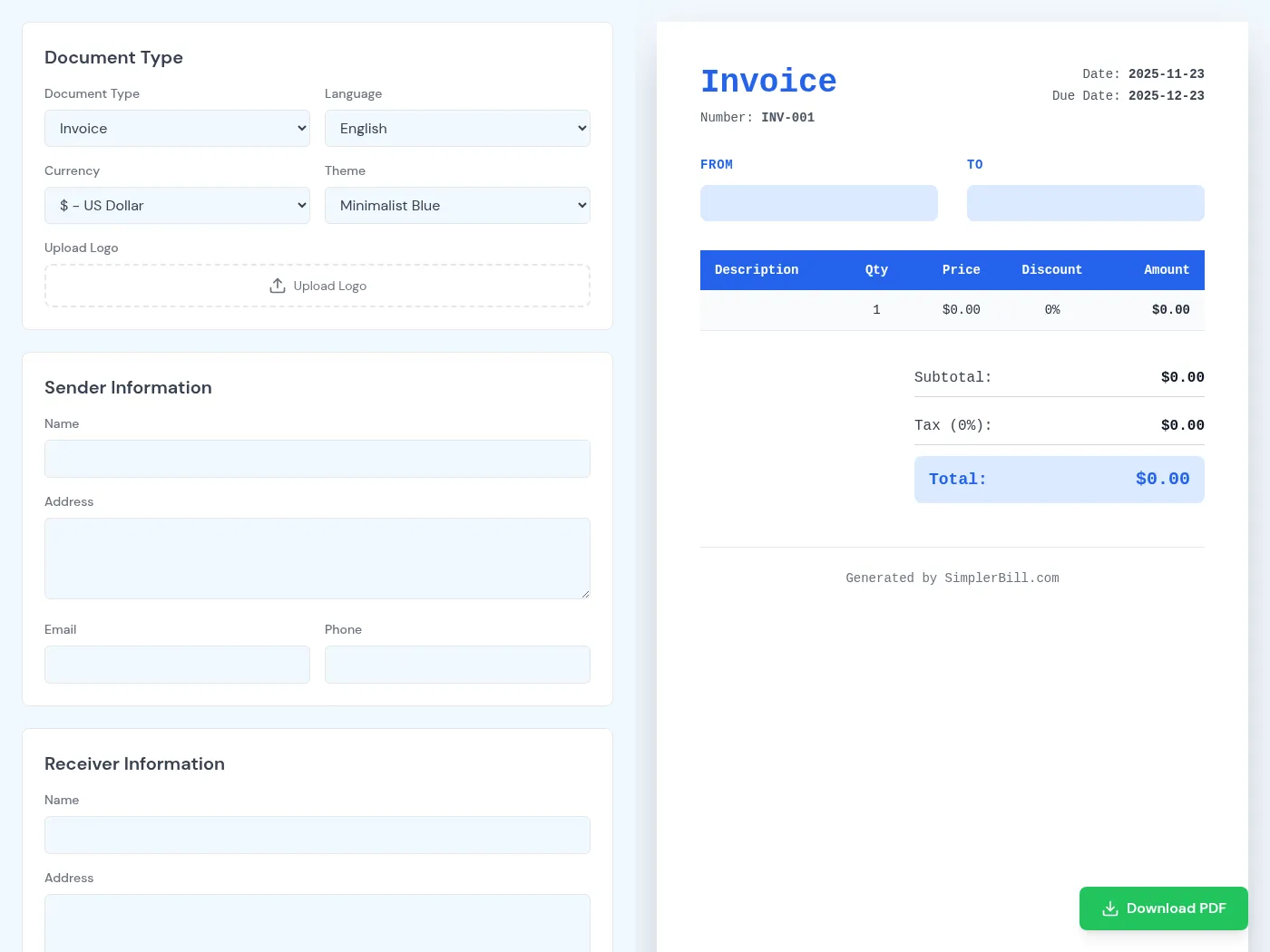 SimplerBill: Instant Invoice & Receipt Generator for the Web