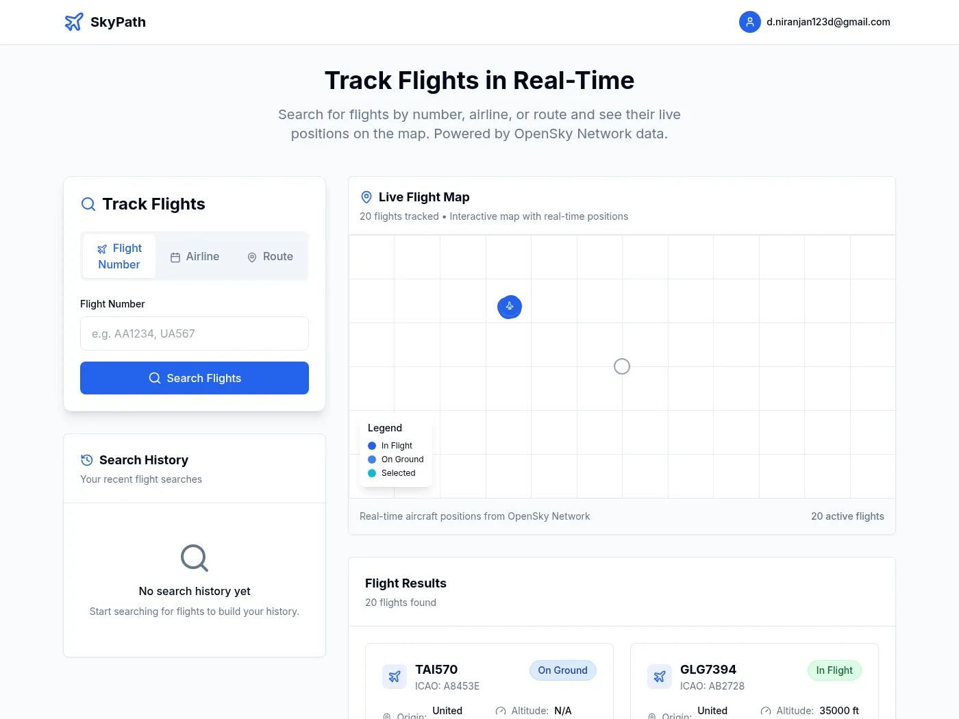 SkyPath Full-Stack Flight Tracker Web App