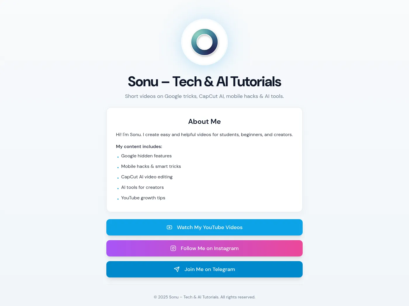 Sonu – Tech & AI Tutorials One-Page Portfolio