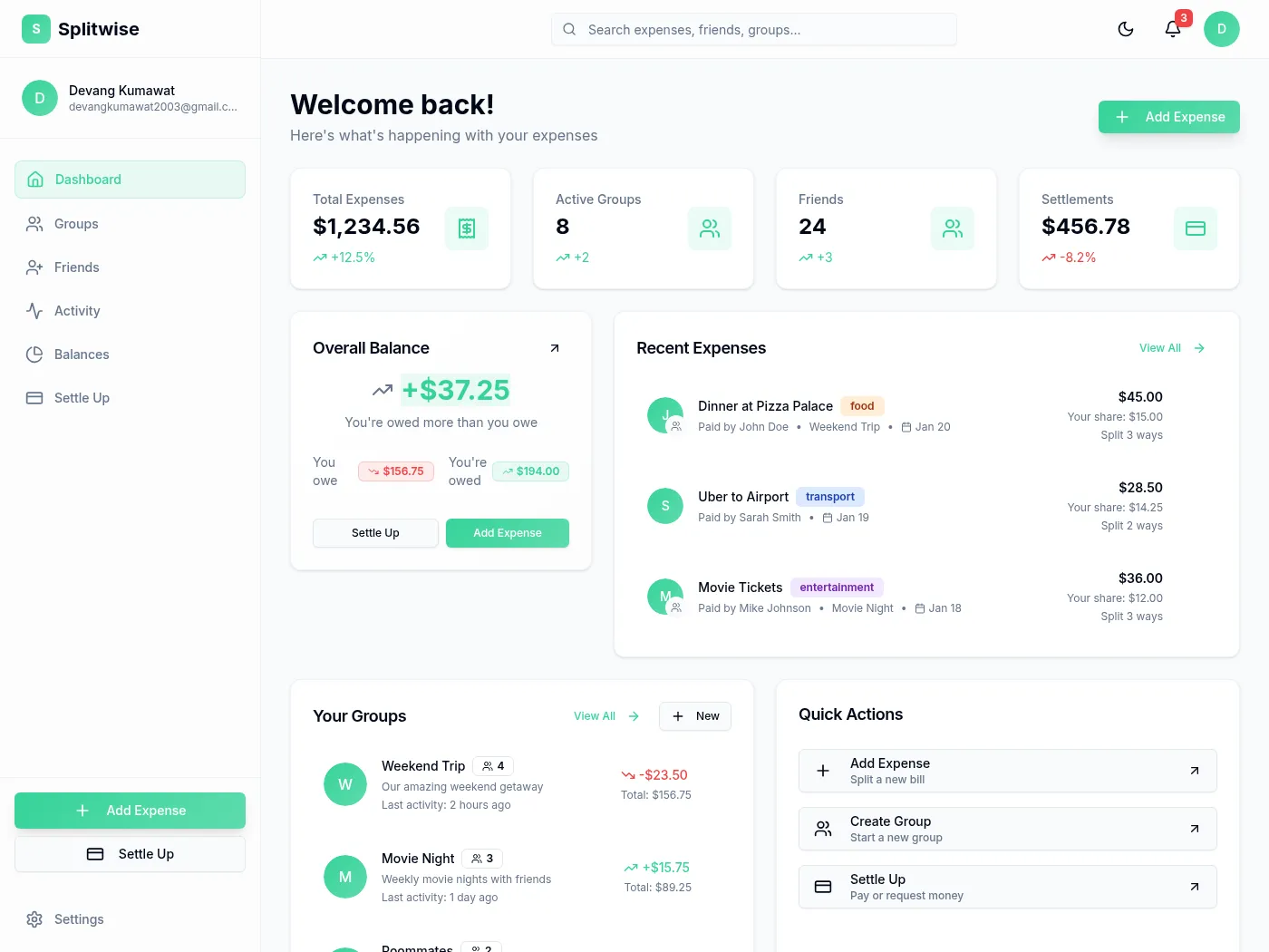 Splitwise Web App Clone