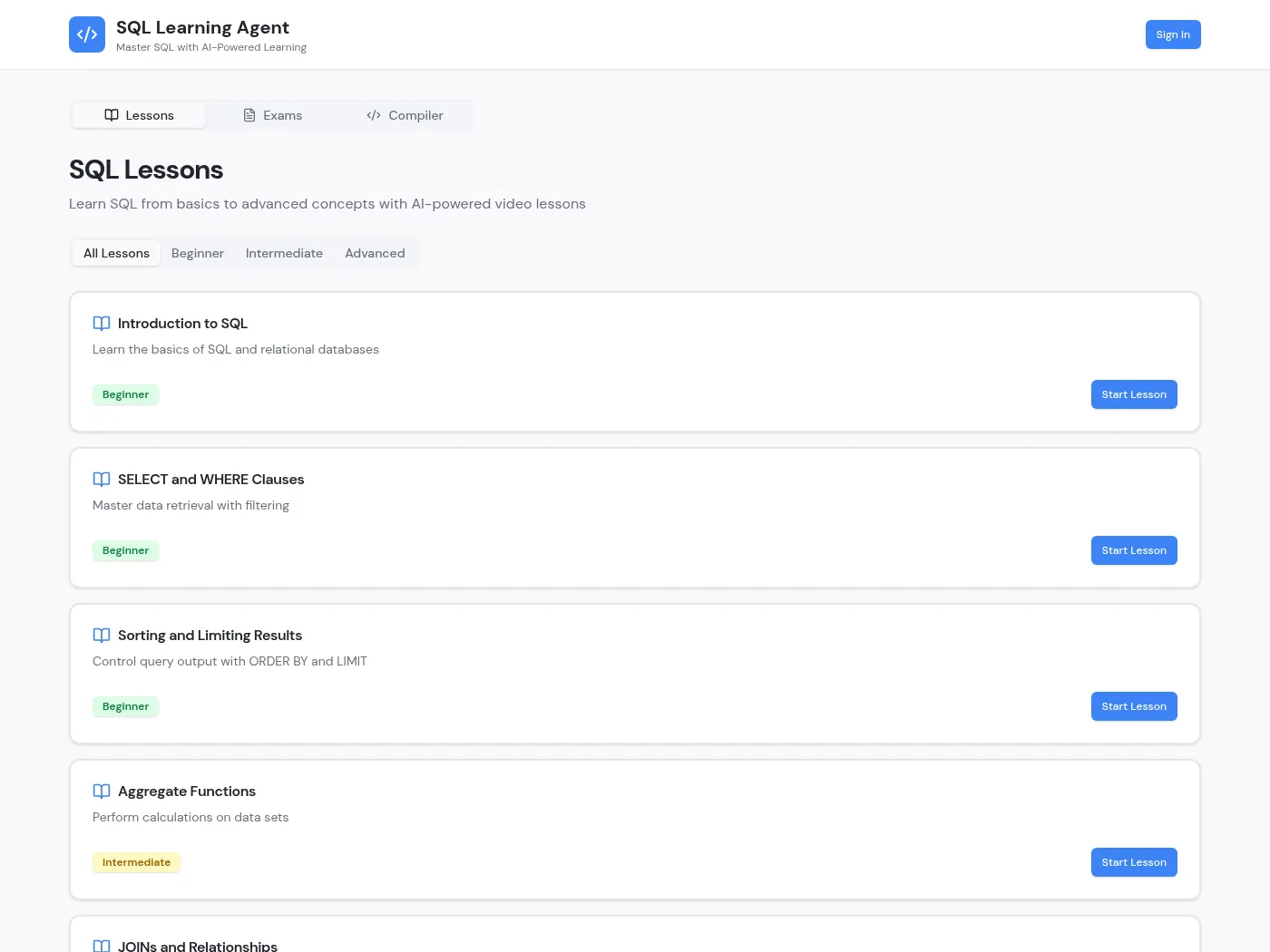 SQL Learning Agent Platform with AI Video Lessons and Interactive Query Compiler