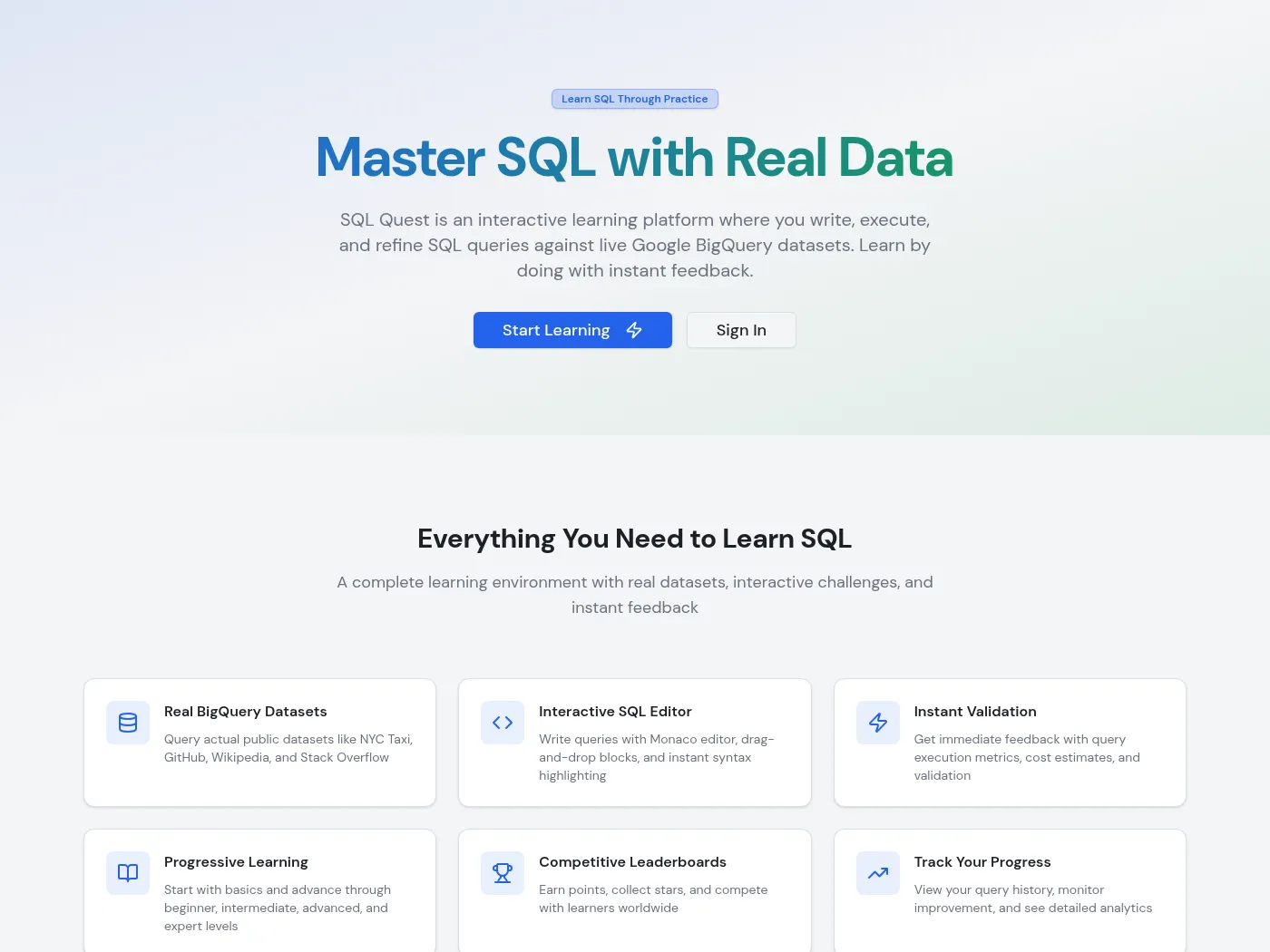 SQL Quest: Interactive BigQuery-Powered SQL Learning Platform