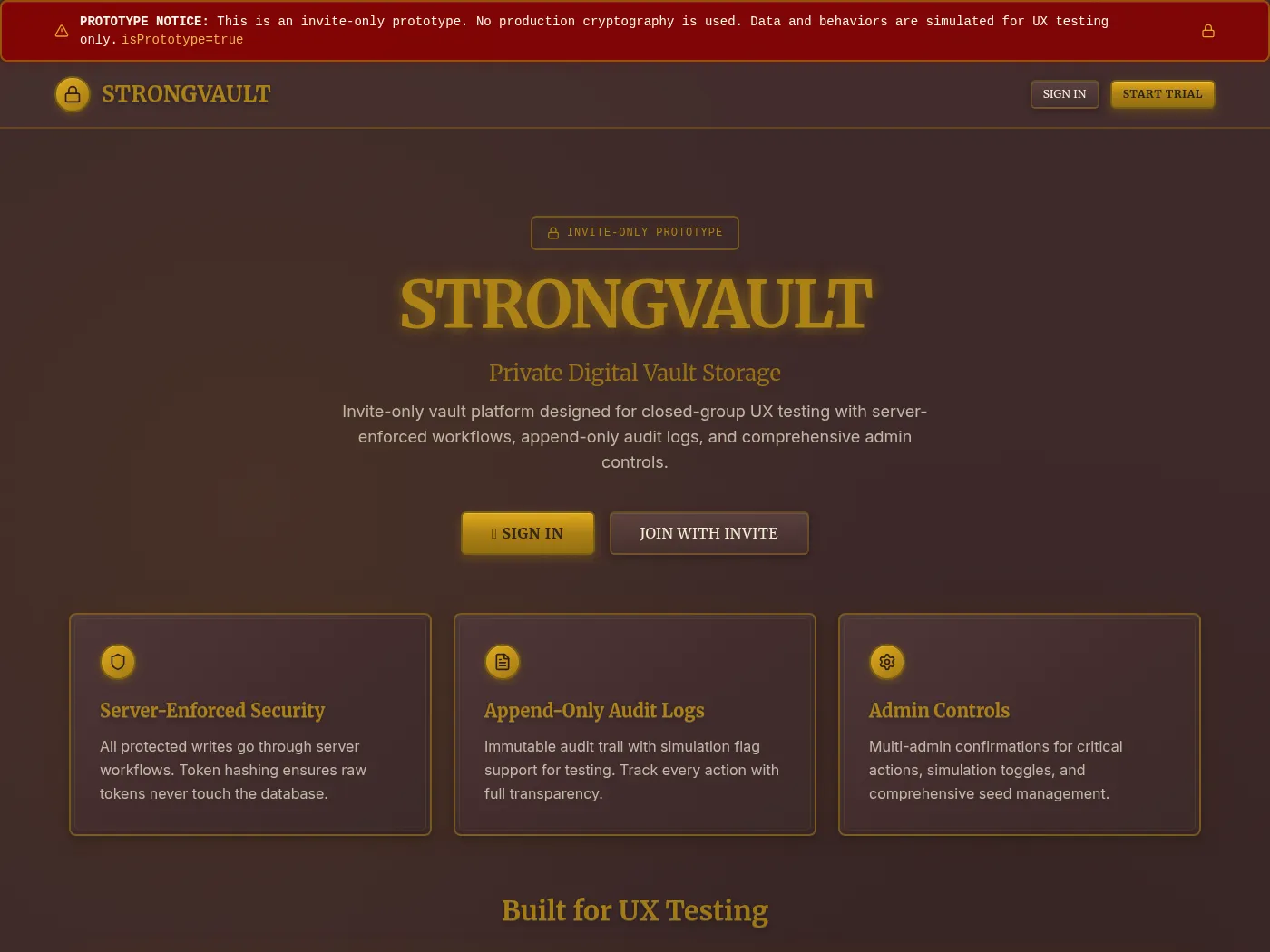 STRONGVAULT Prototype - Invite-Only UX Testing Vault with Robust Safety and Admin Controls