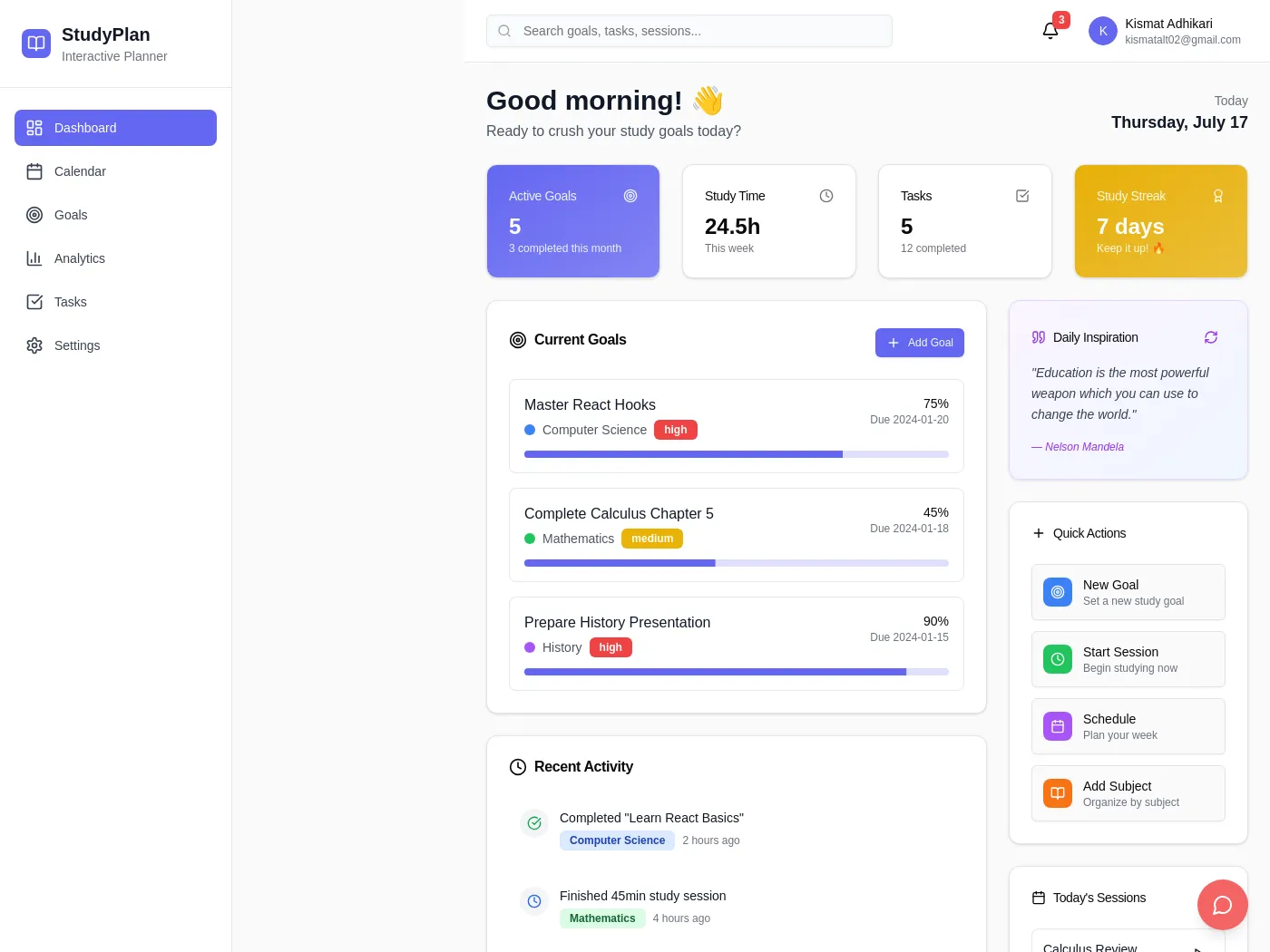 StudyPlan - Interactive Study Planner for Students