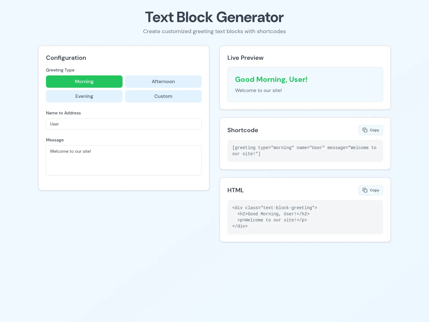 Text Block Generator with Shortcode Greeting