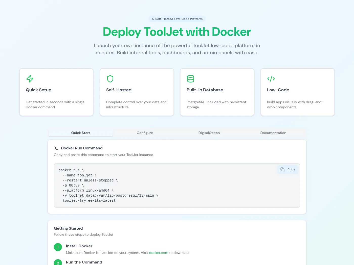Self-hosted ToolJet Low-Code Platform with Docker