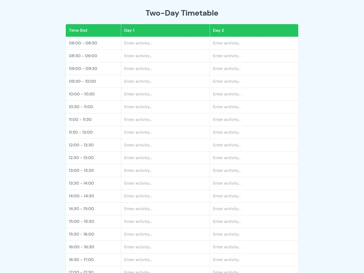 Two-Day Simple Timetable Table