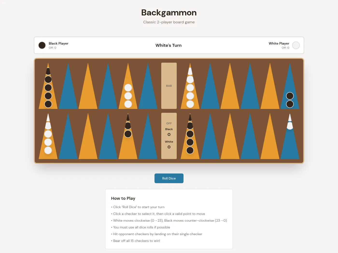 Two-Player Backgammon Browser Game