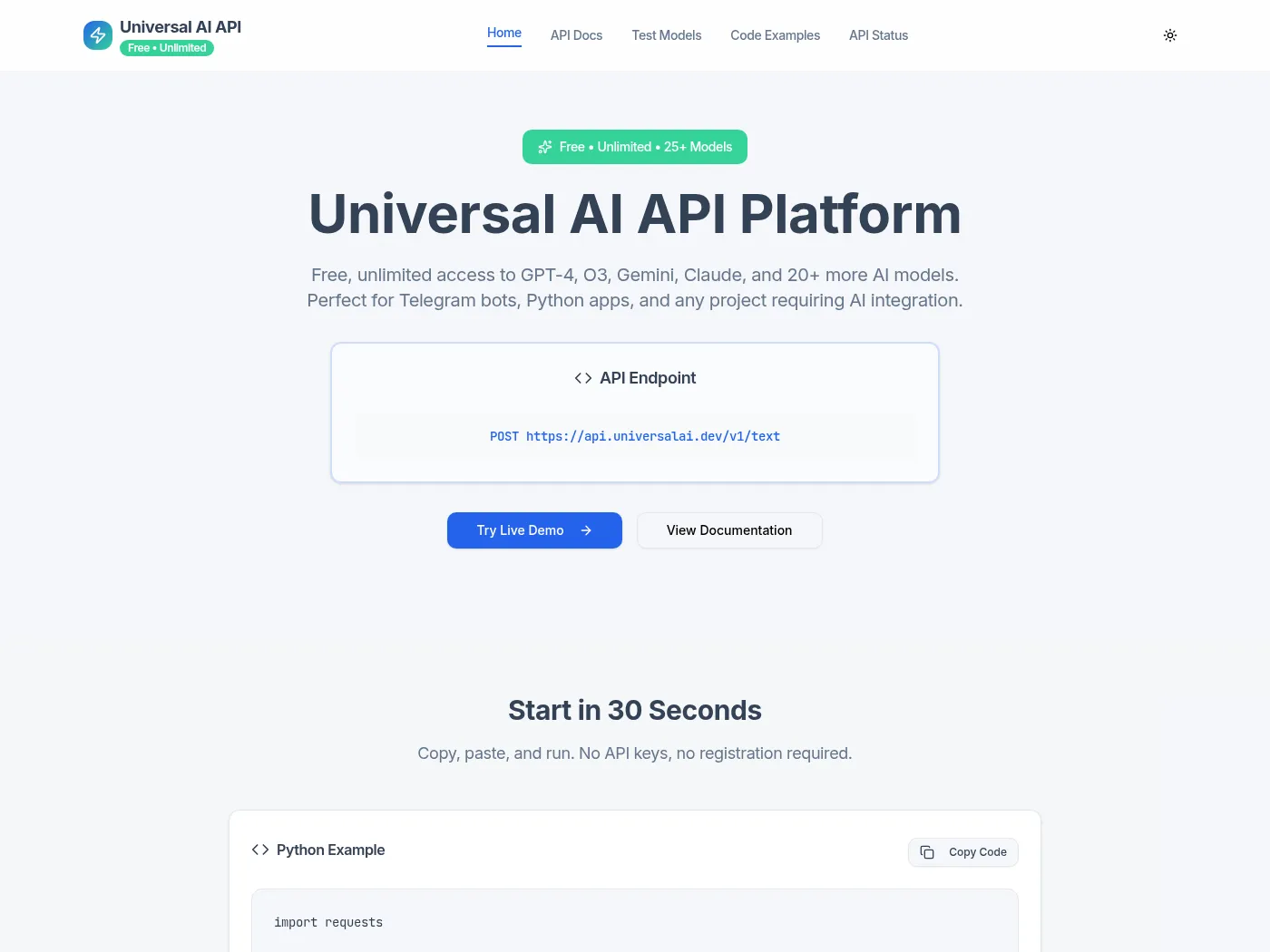 Universal AI API Platform with Free Unlimited Model Access