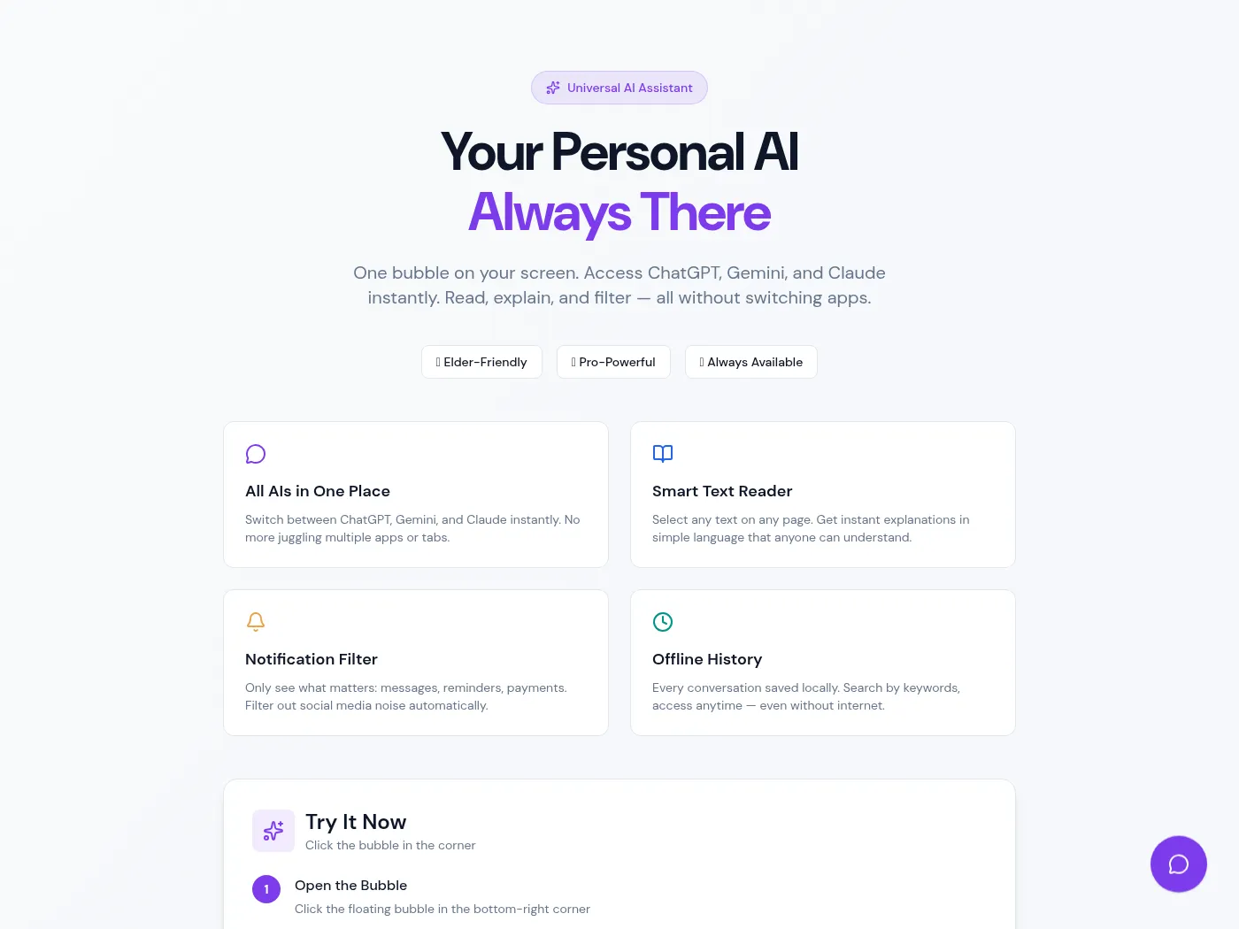 Universal AI Bubble Assistant: Instant Access to ChatGPT, Gemini, Claude & Smart Notifications Anywhere