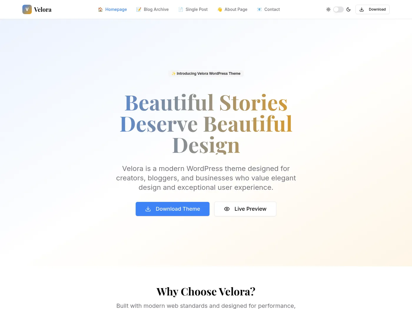 Velora WordPress Theme Design