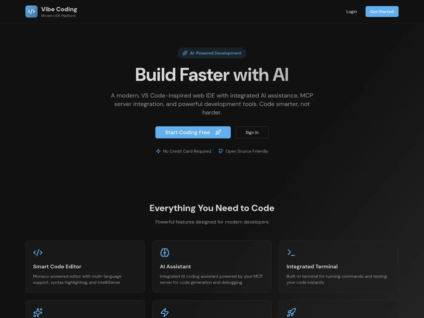 Vibe Coding IDE – Modern In-Browser VS Code Experience with Integrated AI & MCP Server