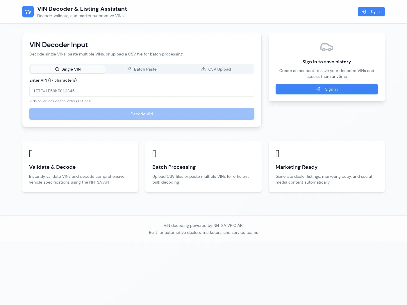 VIN Decoder & Listing Assistant Web App for Dealers & Marketers