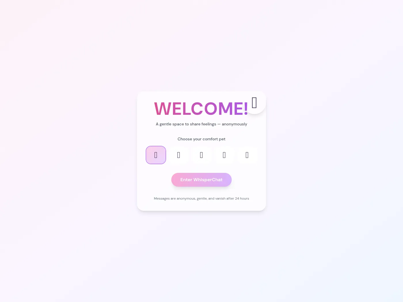 WhisperChat: Anonymous Pastel Mood Chatrooms With Comfort Pets